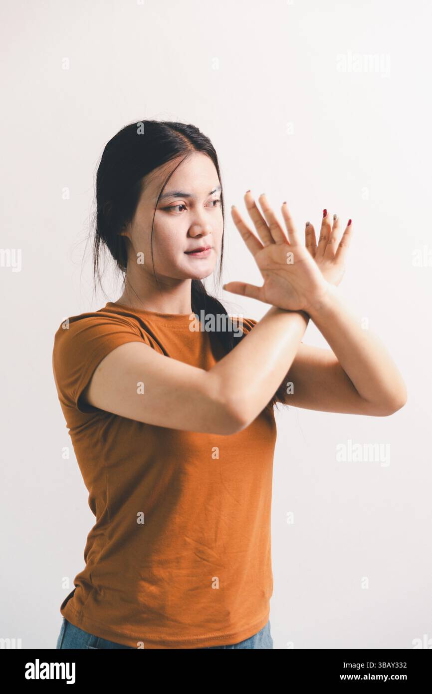 Asian girl expresses dislike, person express negative feeling, concept ...