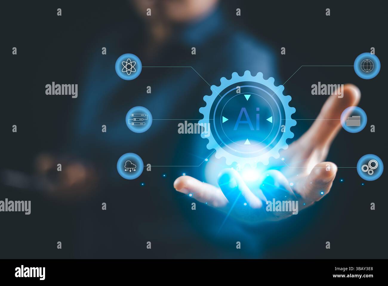 Businesswoman hand show artificial intelligence technology with gear icons and automation ...