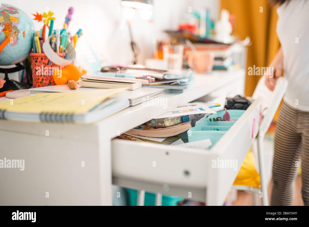 Mess in a desk drawer. Table organization concept. House cleaning ...