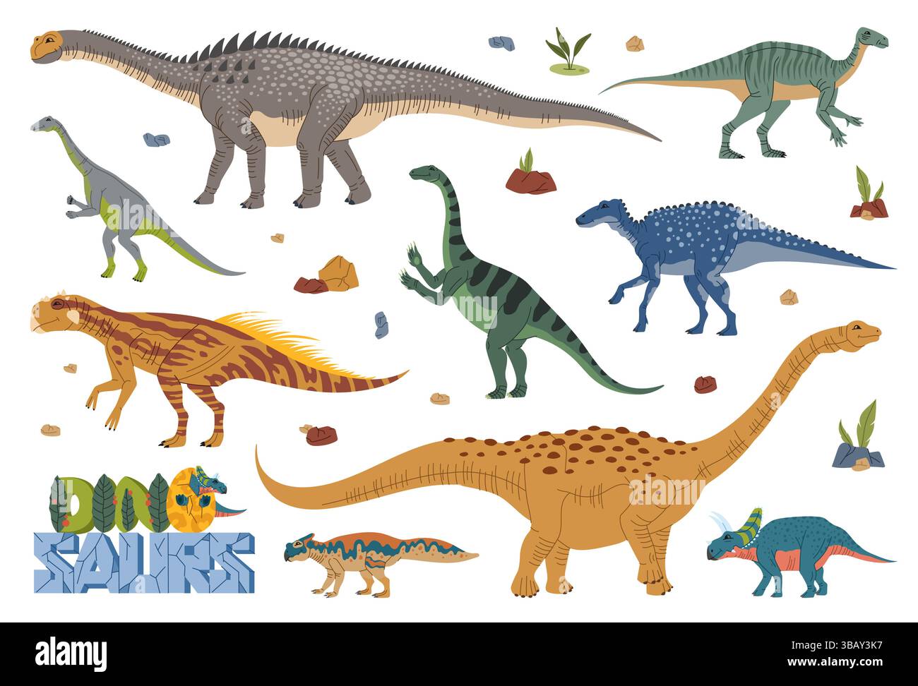 Cartoon prehistoric dinosaur characters with jurassic plants and rocks ...