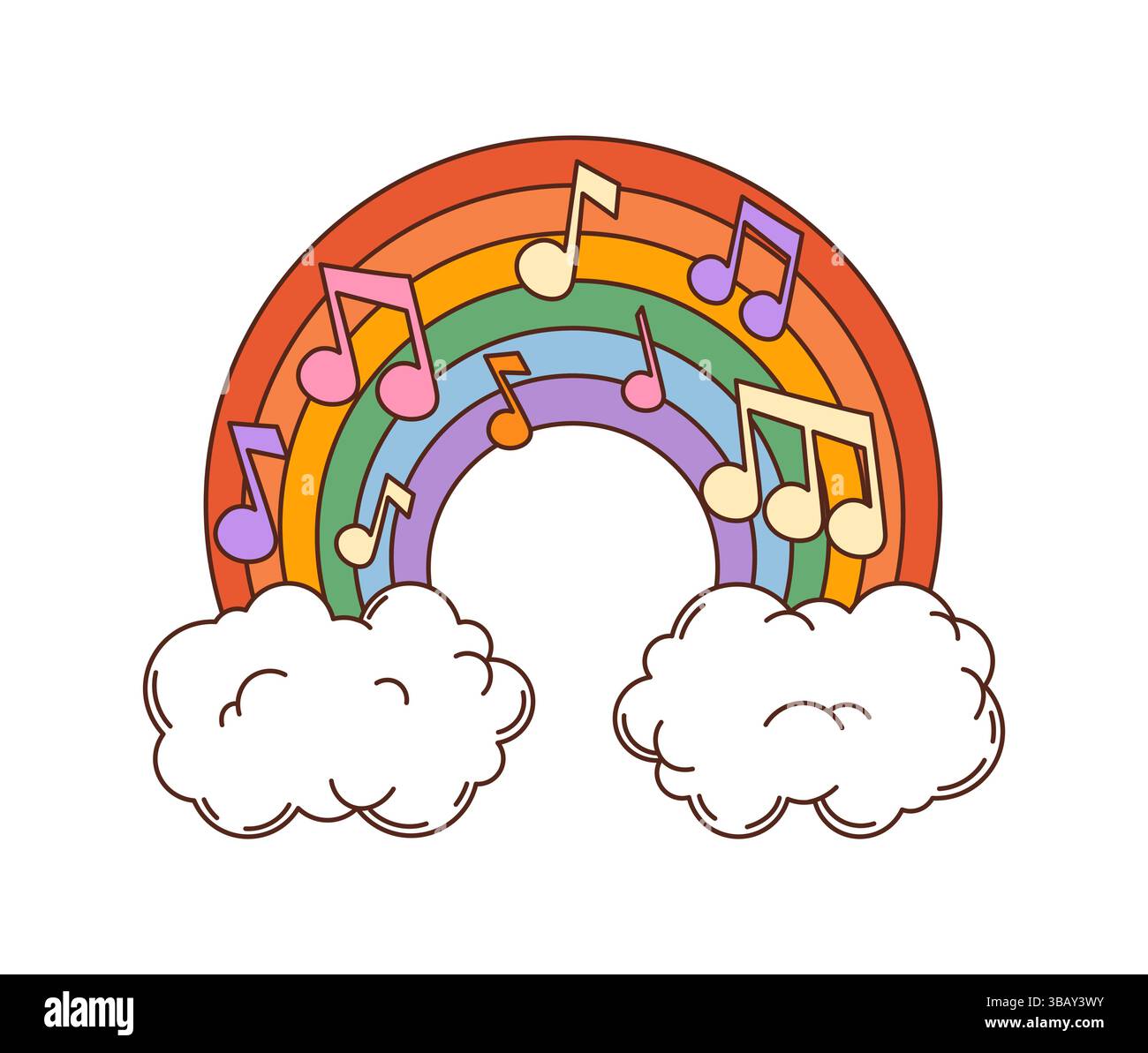 Cartoon groovy rainbow with musical notes and clouds. Isolated vector ...