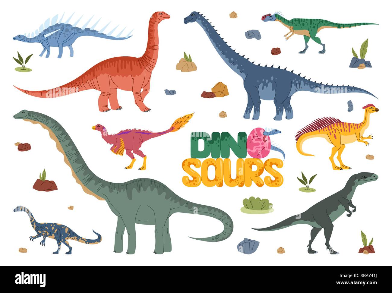 Cute prehistoric dinosaur cartoon characters and baby dino personage in ...