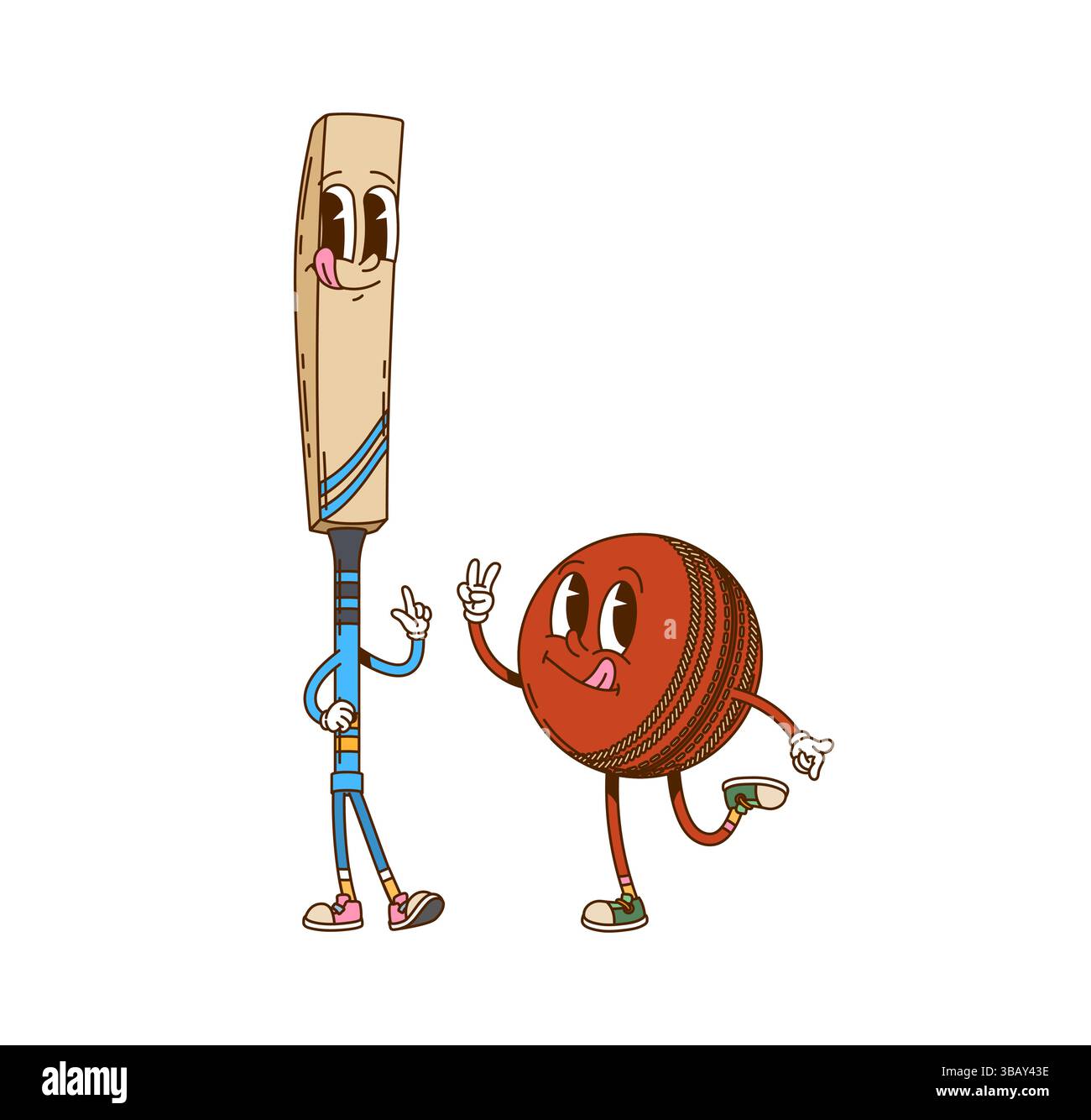 Cartoon groovy cricket bat and ball sport characters have expressive ...