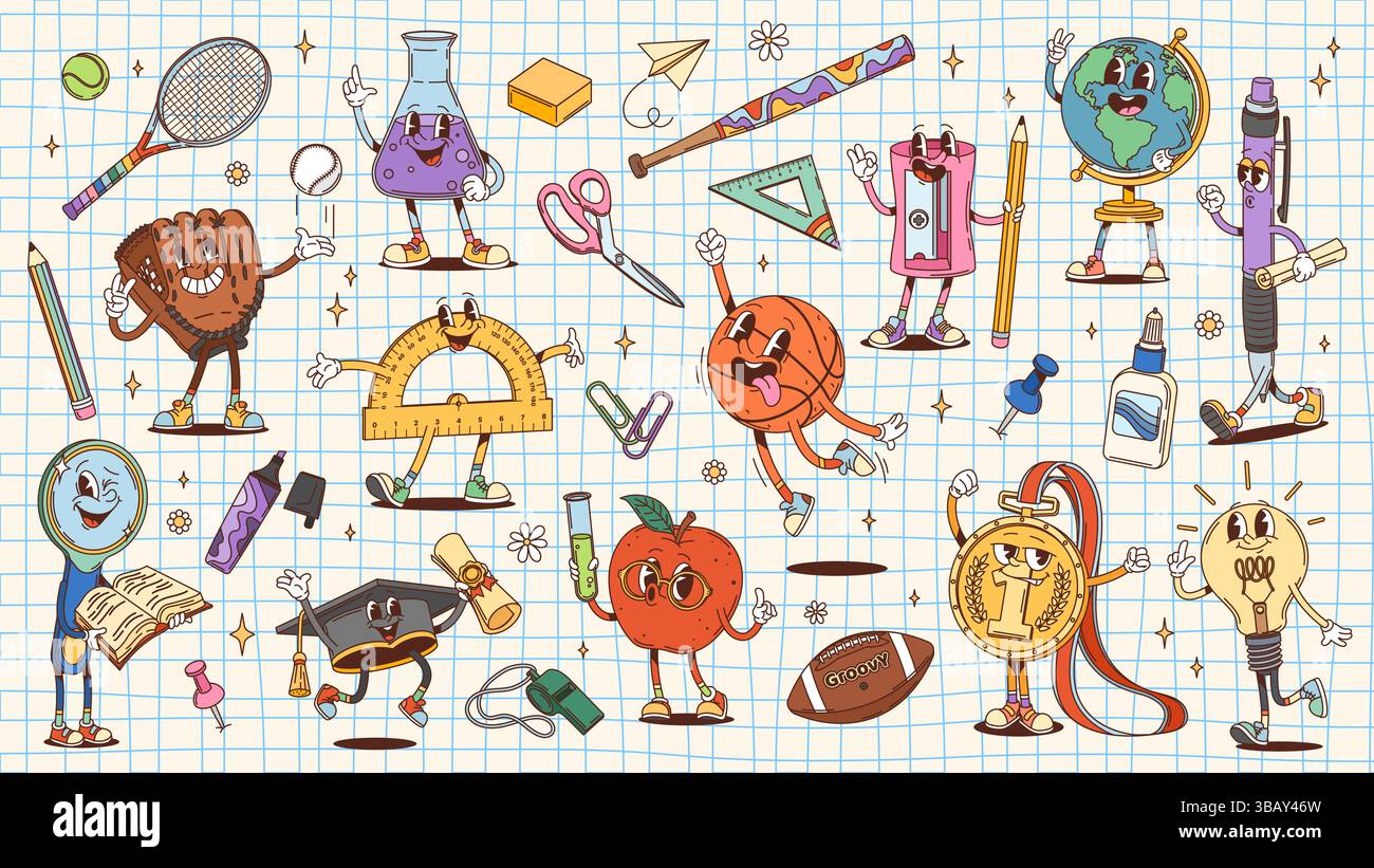 Groovy school supplies cartoon Stock Vector Images - Alamy