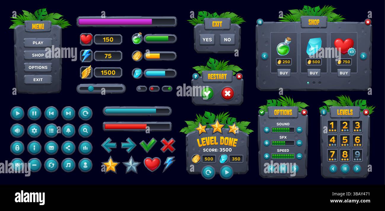 Game UI, jungle forest stone interface buttons and frames with rock boards and panels, vector ...