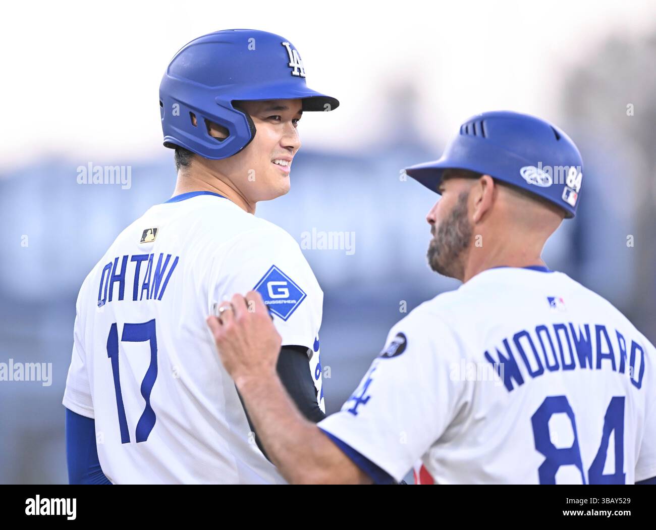 LOS ANGELES, CA - MAY 13: Los Angeles Dodgers two-way player Shohei Ohtani (17) looks back to ...