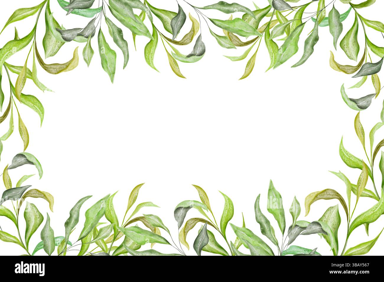 Watercolor frame border.Texture with greens,branch,abstract summer ...
