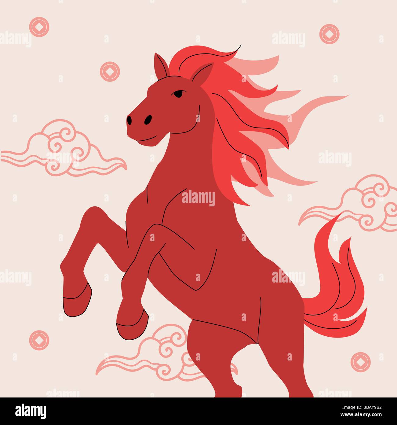 Red horse with flowing mane rearing up against a beige background ...