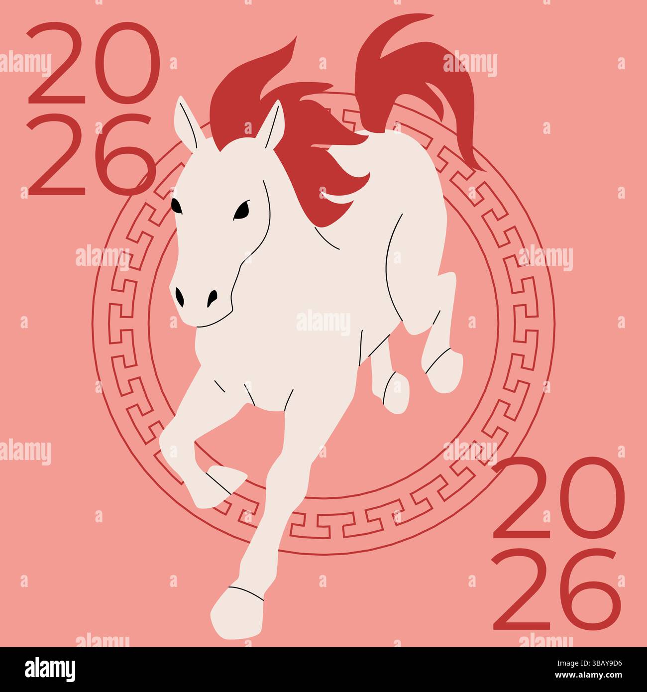 White horse with red mane running forward, surrounded by a circular ...