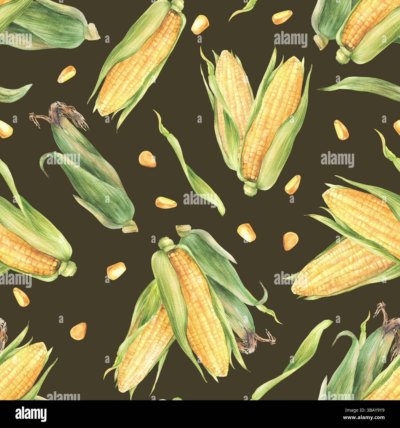Corn vegetable watercolor seamless pattern. Yellow cut and whole maize cob, kernel of corncobs ...