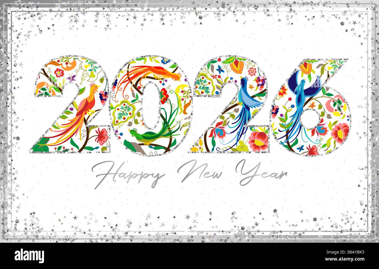 Happy New Year 2026 greeting card design. Native style floral pattern ...