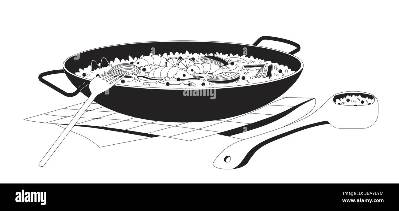 Seafood paella in pan with spoon and fork outline illustration Stock ...