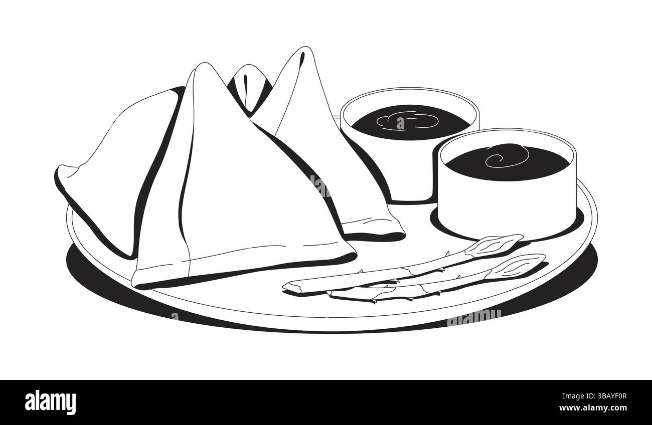 Fried samosas with red and green chutneys outline illustration Stock ...