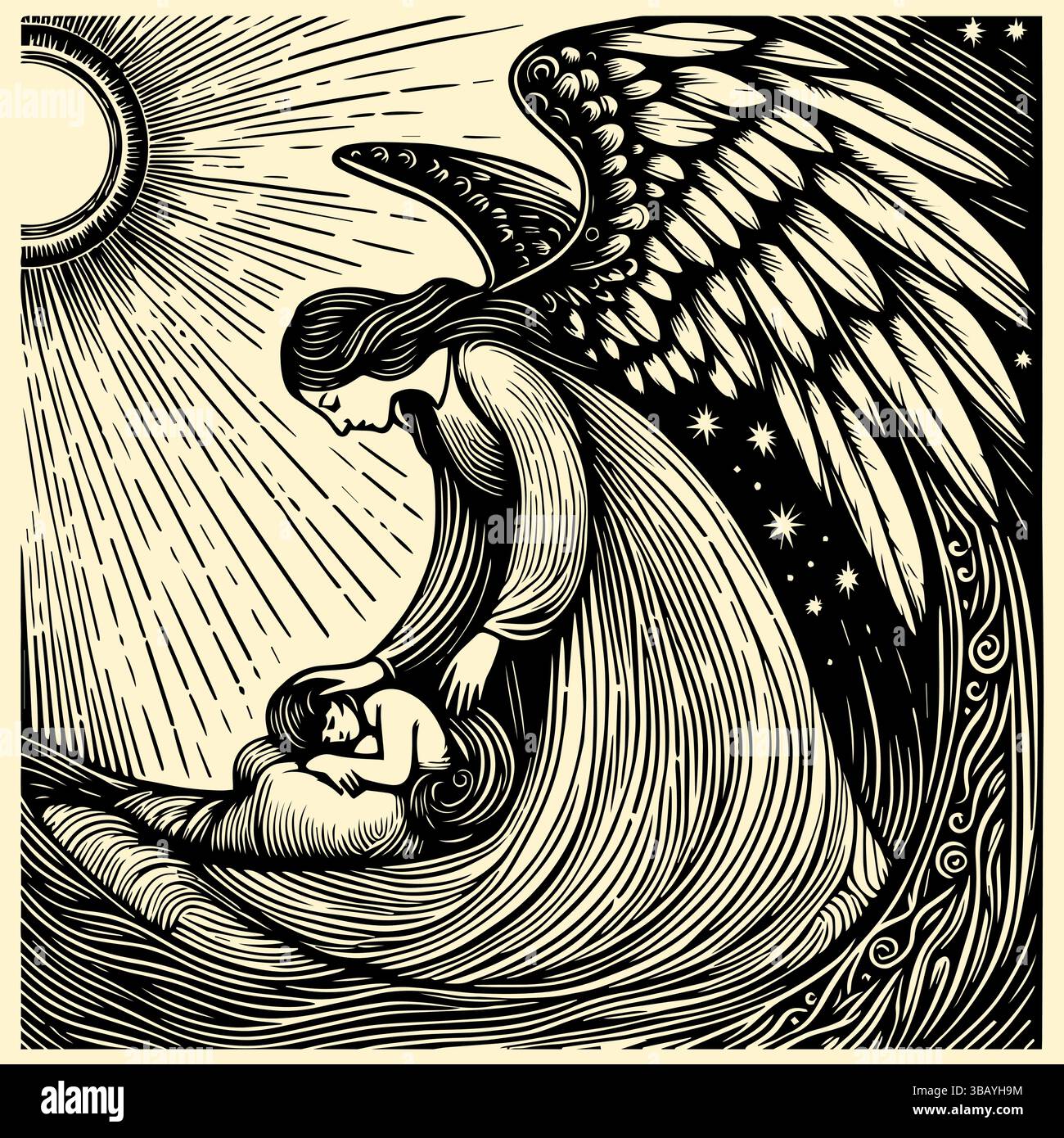 Protective Angel Watching Over a Sleeping Child Under the Moonlight ...