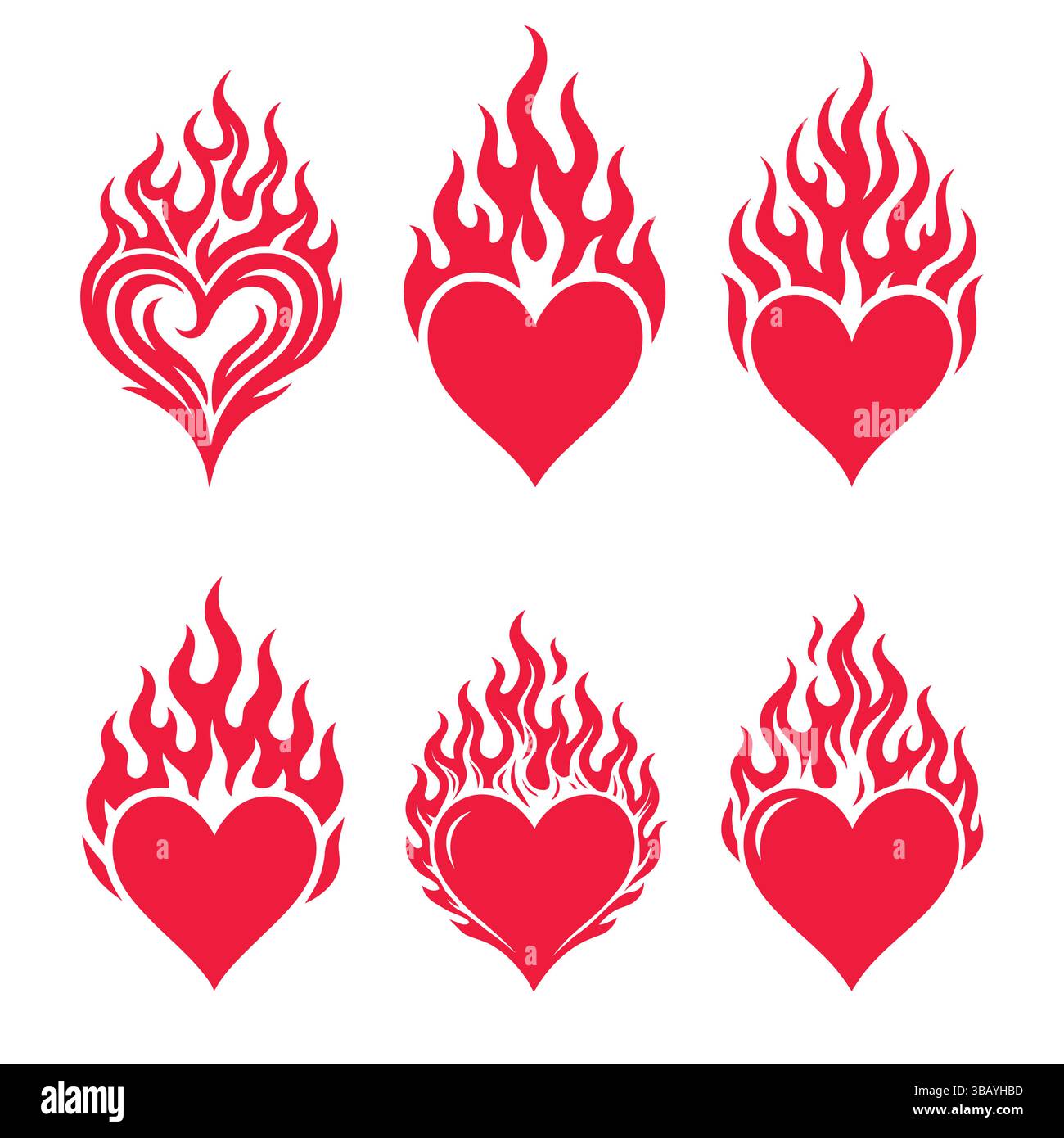 Red burning hearts with flame elements. Ideal for romantic cards, fire ...
