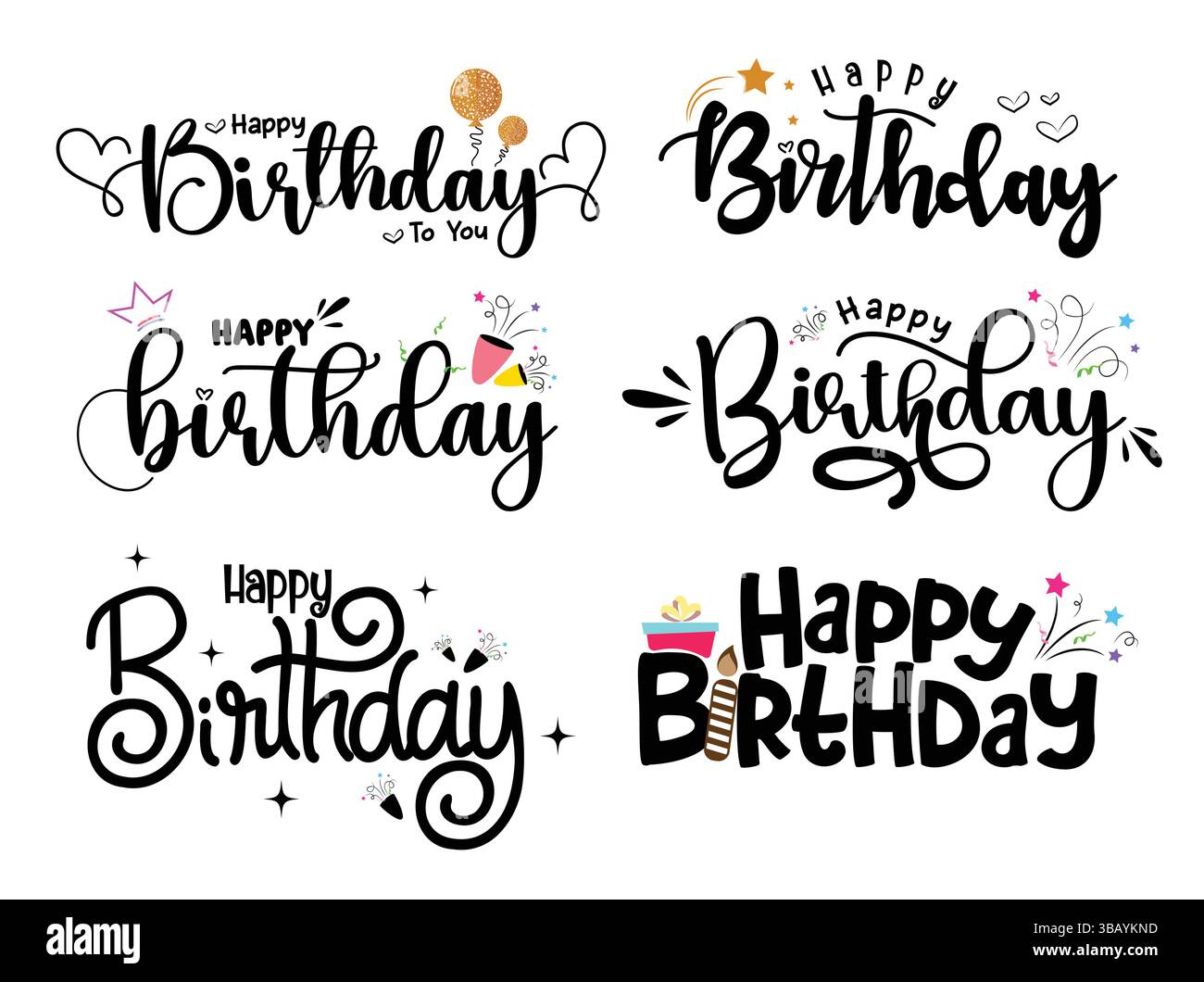 Happy birthday calligraphy clipart set. Birthday handwriting font, text ...