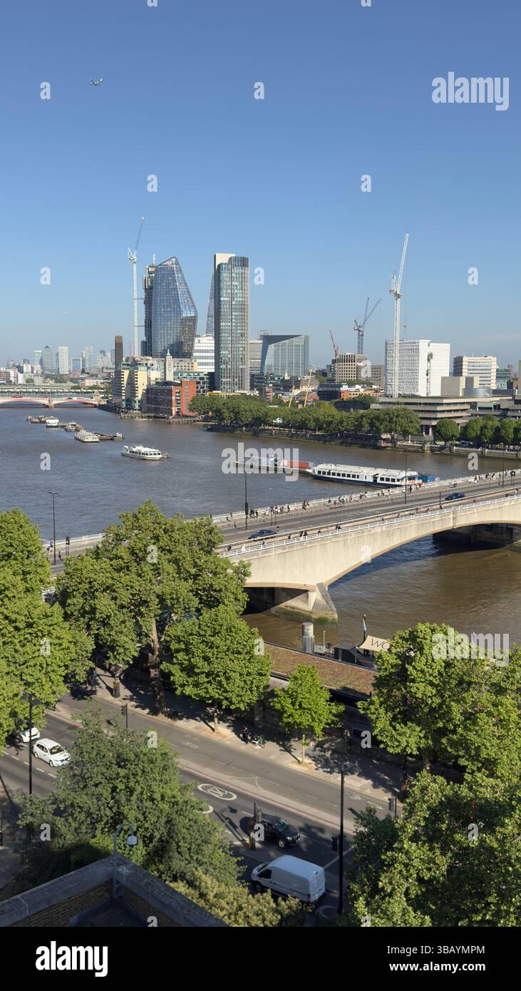 Modern London skyline and Waterloo Bridge over the River Thames, viewed ...