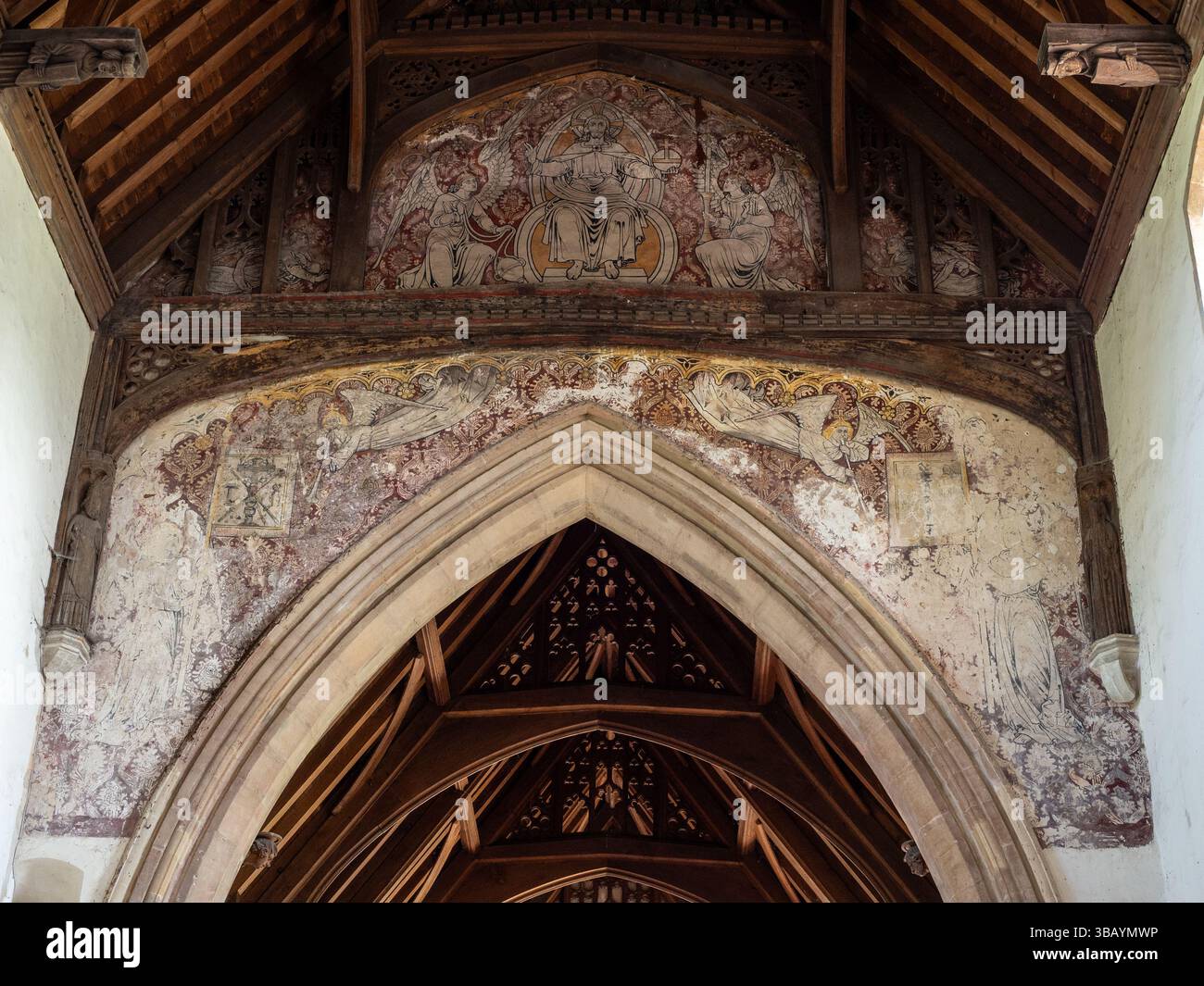Medieval doom painting, interior of the church of St Peter, Wolferton ...