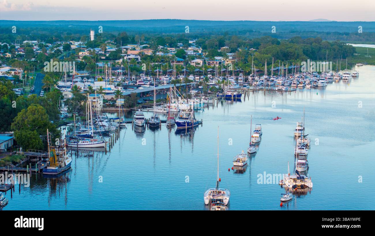 Tin Can Bay river and marina, aerial drone view, dawn sunrise pastel ...
