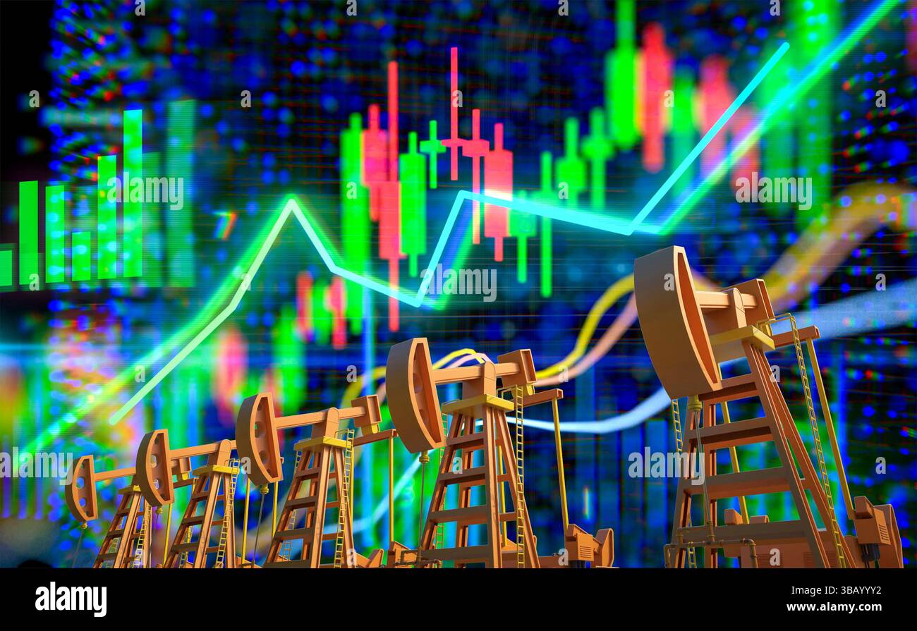 Oil price rising concept with 3d rendering crude oil pump on stock ...