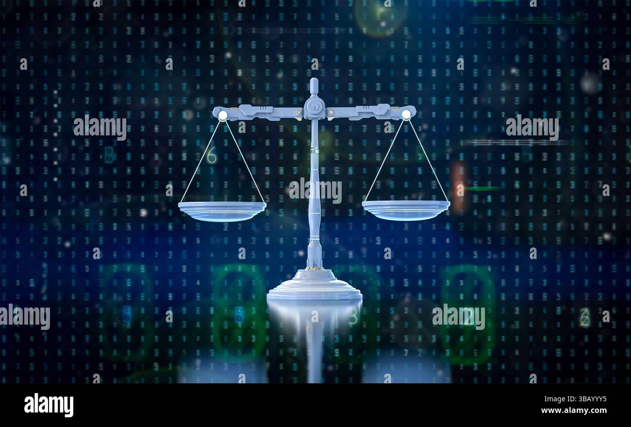 Digital law concept with 3d rendering law scale with graphic display ...