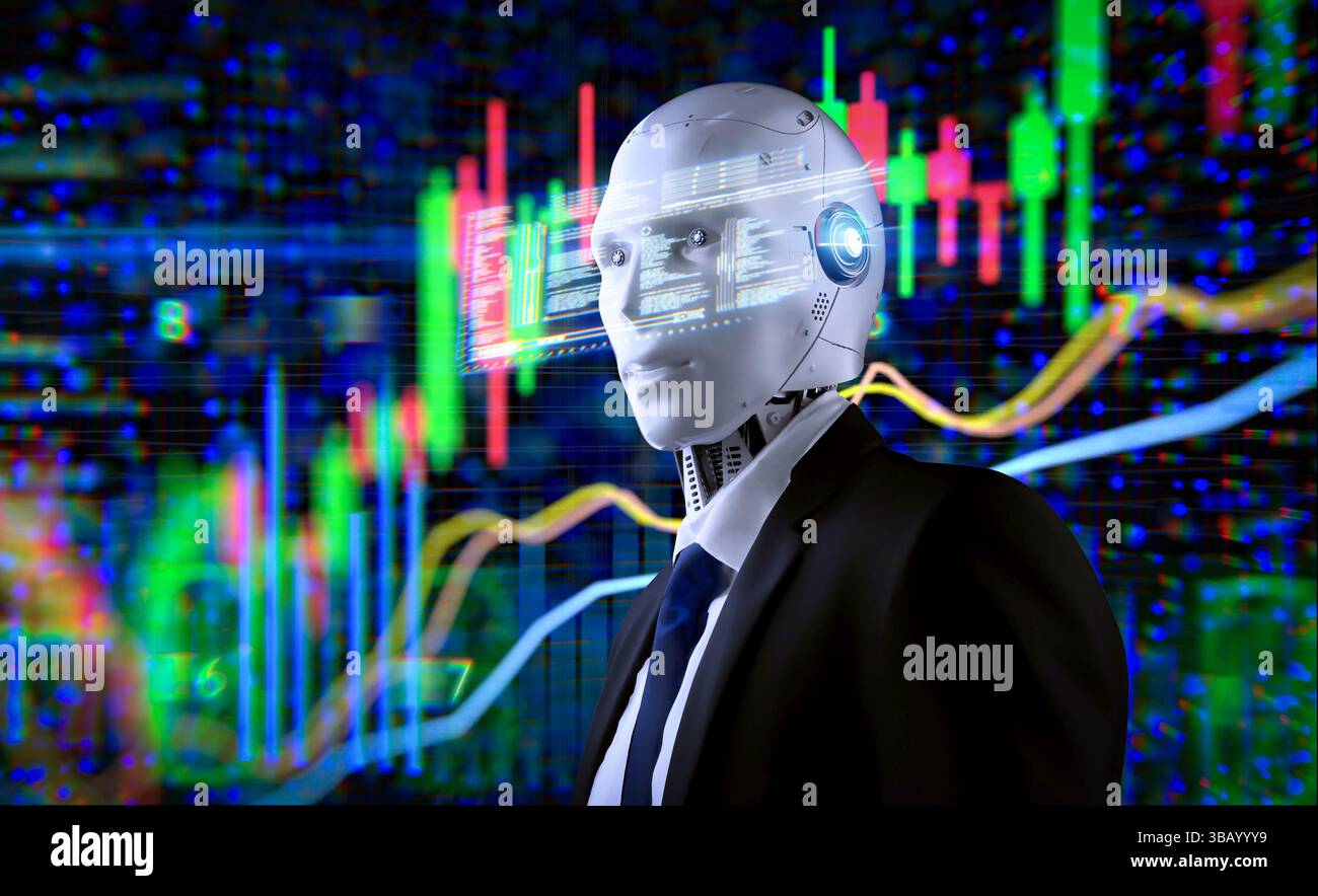 3d rendering ai robot trader analyze stock market chart graphic display ...