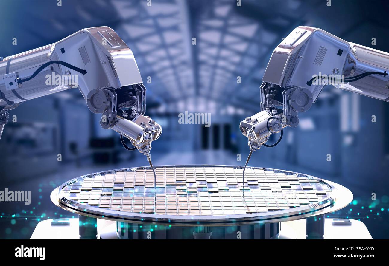 Semiconductor manufacturing with 3d rendering robotic arms with silicon wafers 4k footage Stock ...