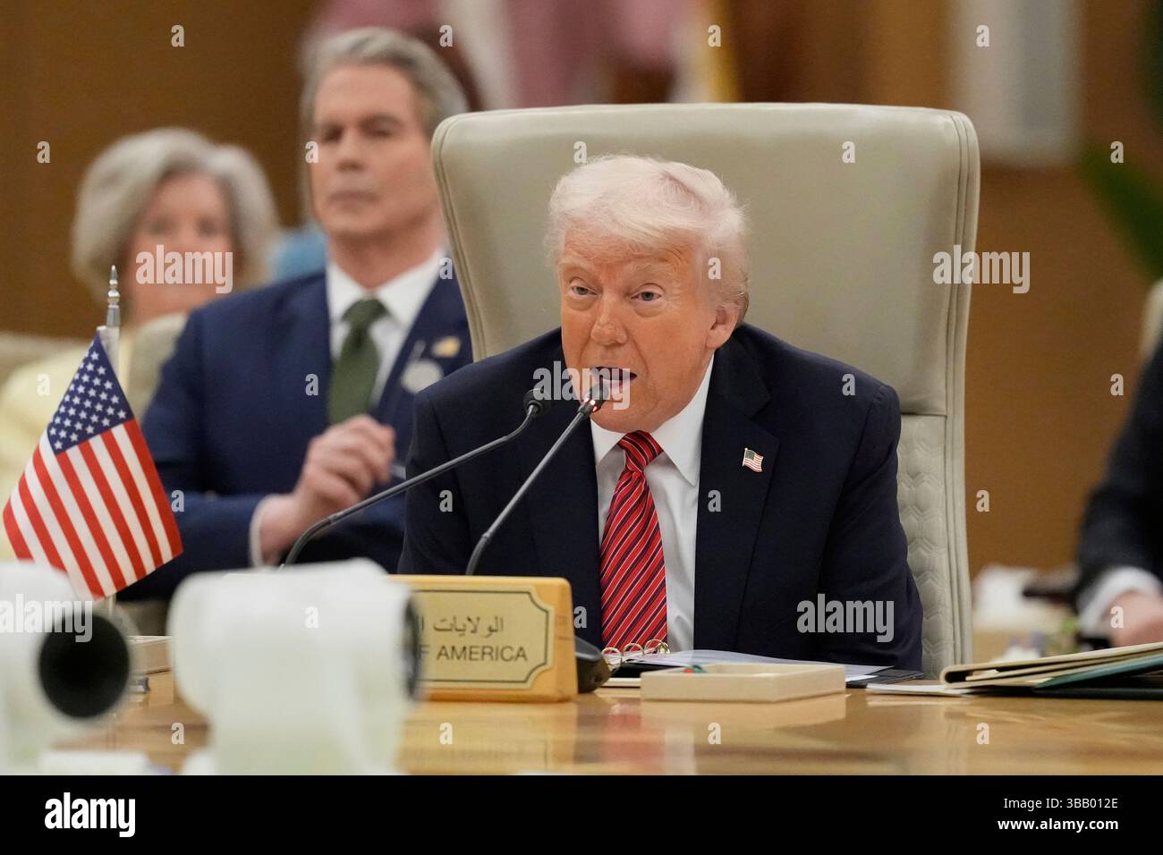 President Donald Trump speaks during the Gulf Cooperation Council (GCC) Summit in Riyadh, Saudi ...