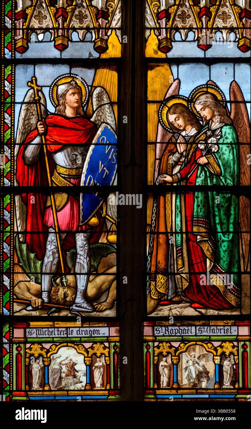 Eauze, France - 05-01-2025: Stained glass (19th century) of The three ...