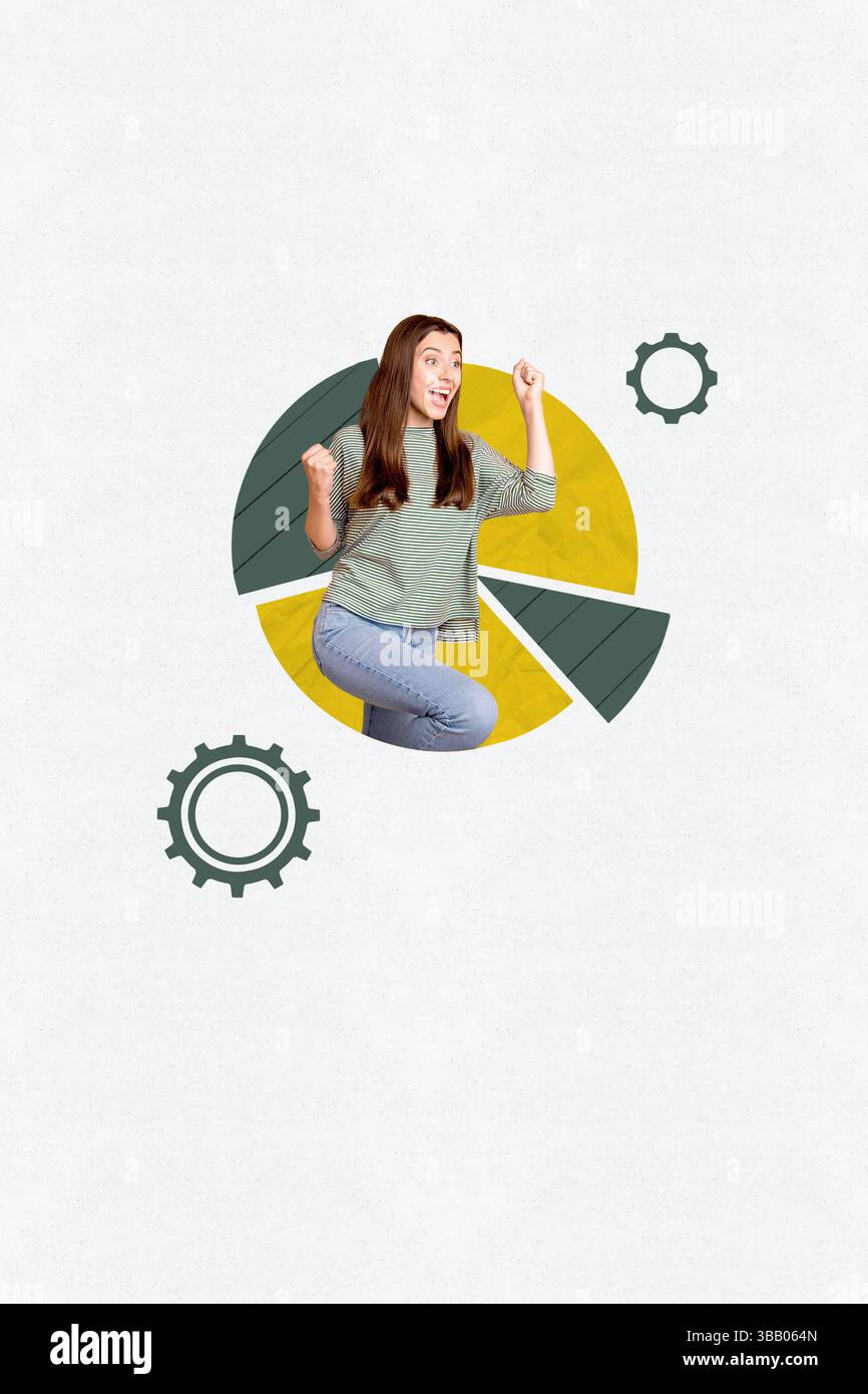Excited business person celebrating success in front of pie chart and ...