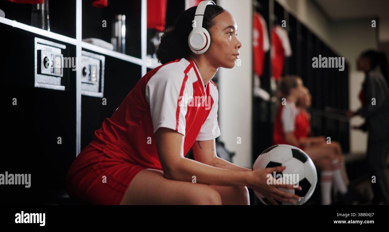 Sports, locker room and woman with headphones and ball for music, audio ...
