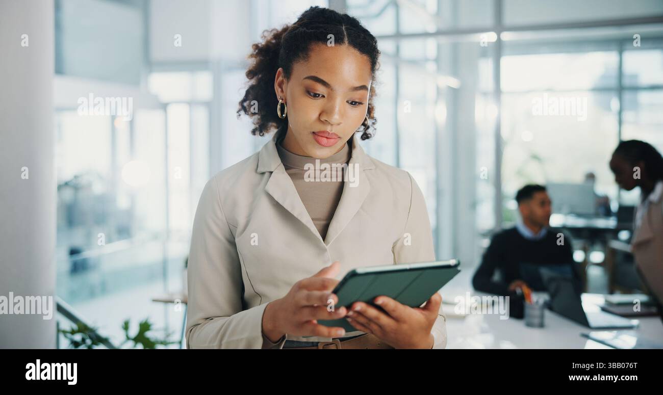 Business woman, tablet and scroll at meeting, agenda and review with ...