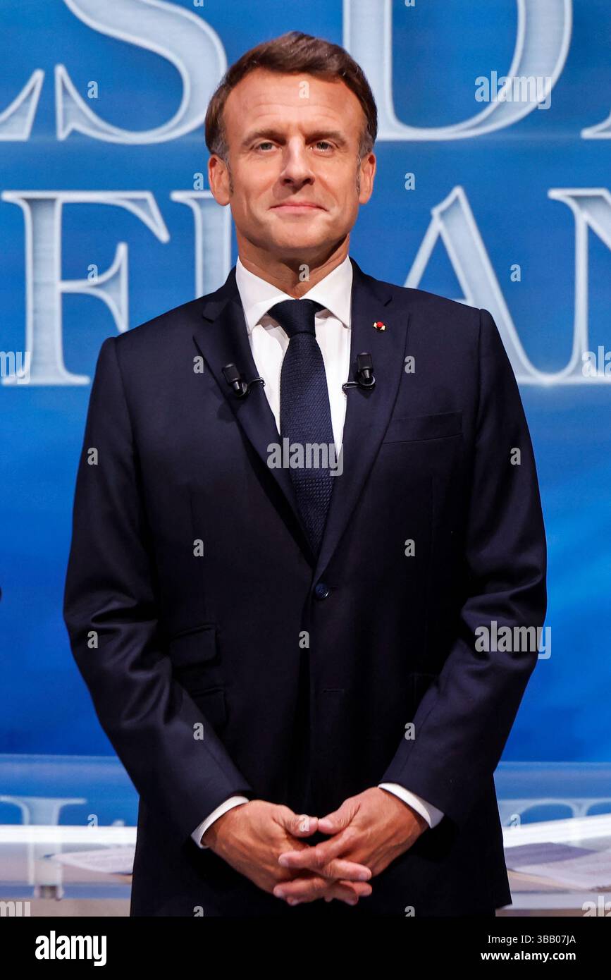 Saint Denis, France. 13th May, 2025. French President Emmanuel Macron ...