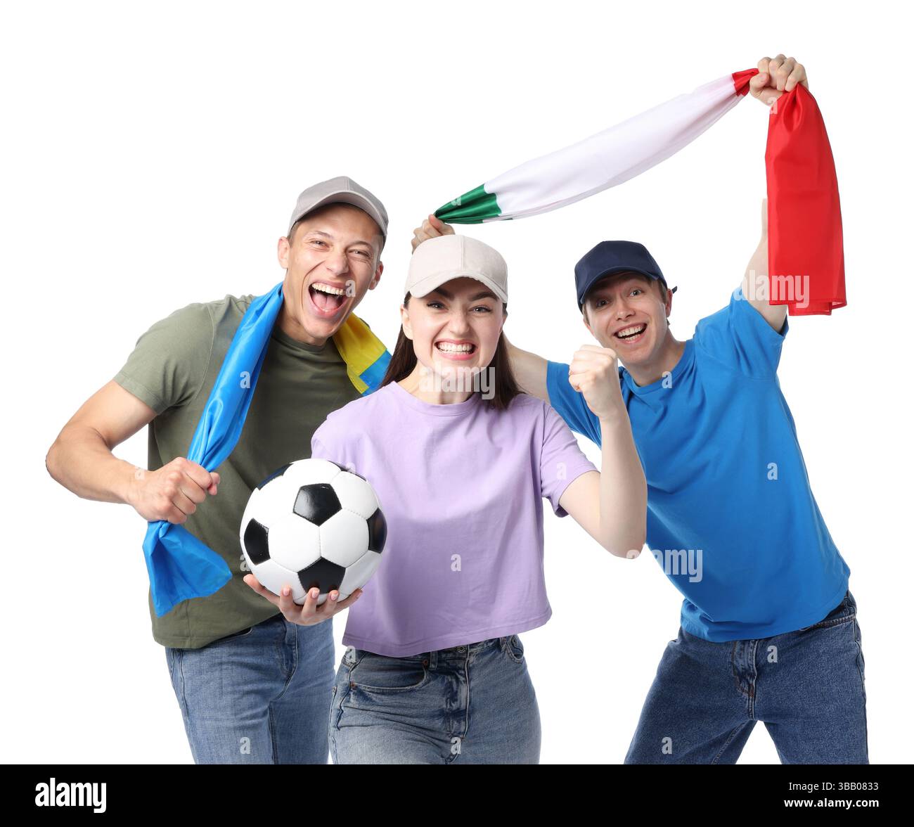 Emotional sports fans with flags and soccer ball on white background ...