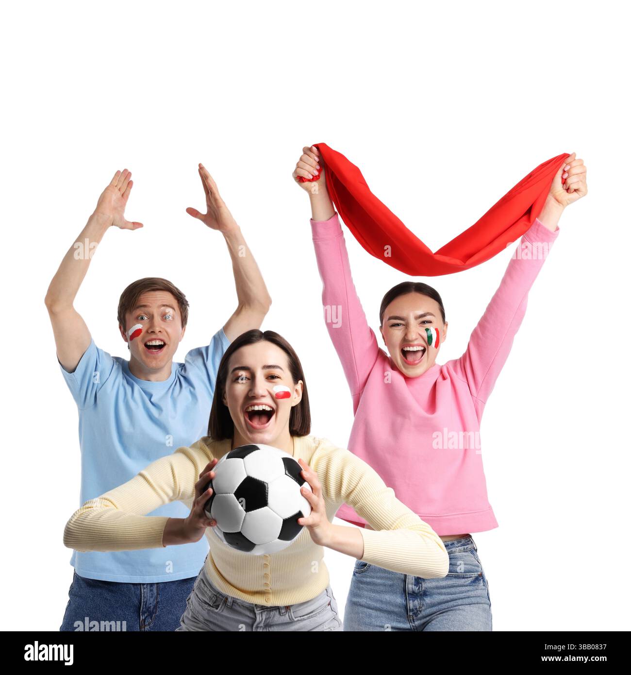Emotional sports fans with flag and soccer ball on white background ...