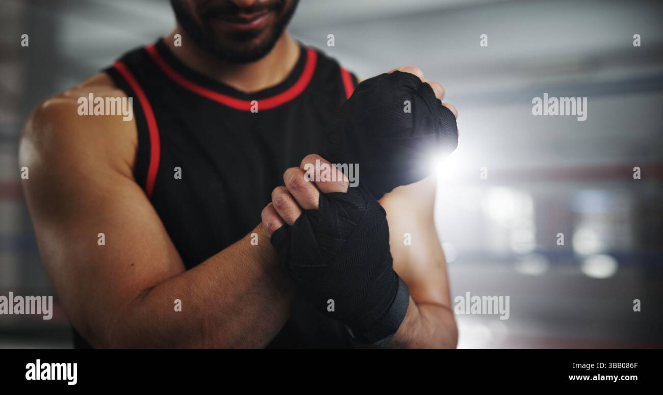 Hands, pain and boxer with man in gym for sports injury, mma risk or ...