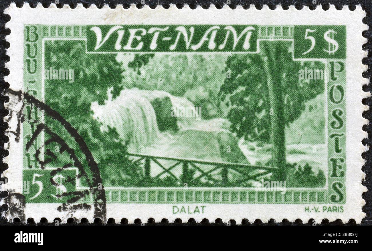 Cancelled postage stamp printed by South Vietnam, that shows Pongour ...