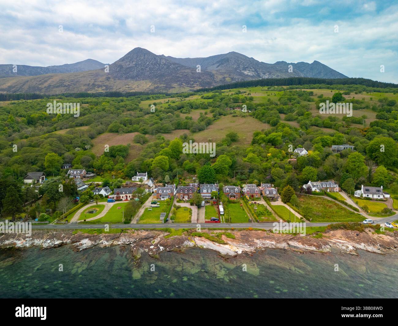 Aerial view of village of Corrie on Isle of Arran, North Ayrshire ...