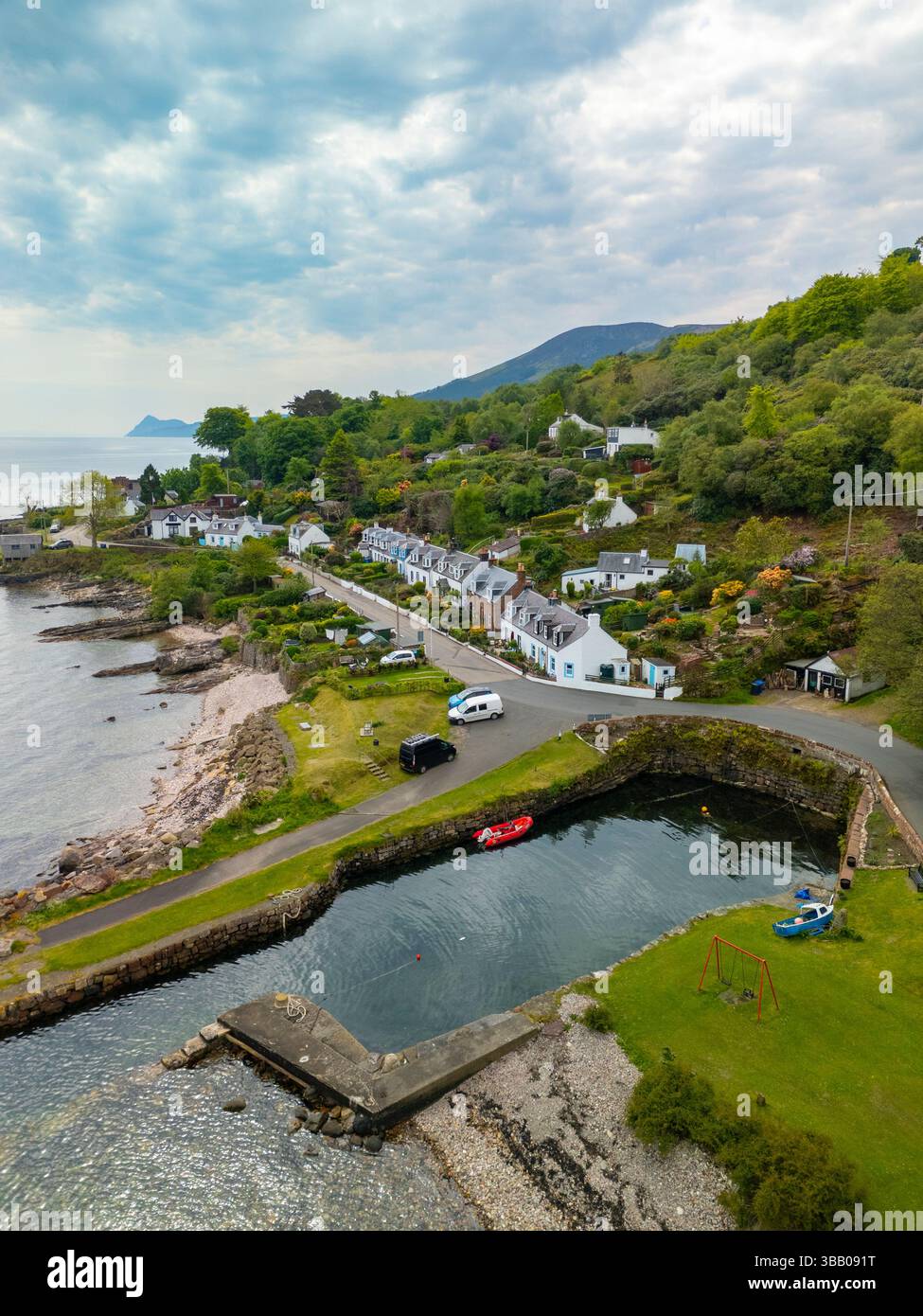 Aerial view of village of Corrie on Isle of Arran, North Ayrshire ...