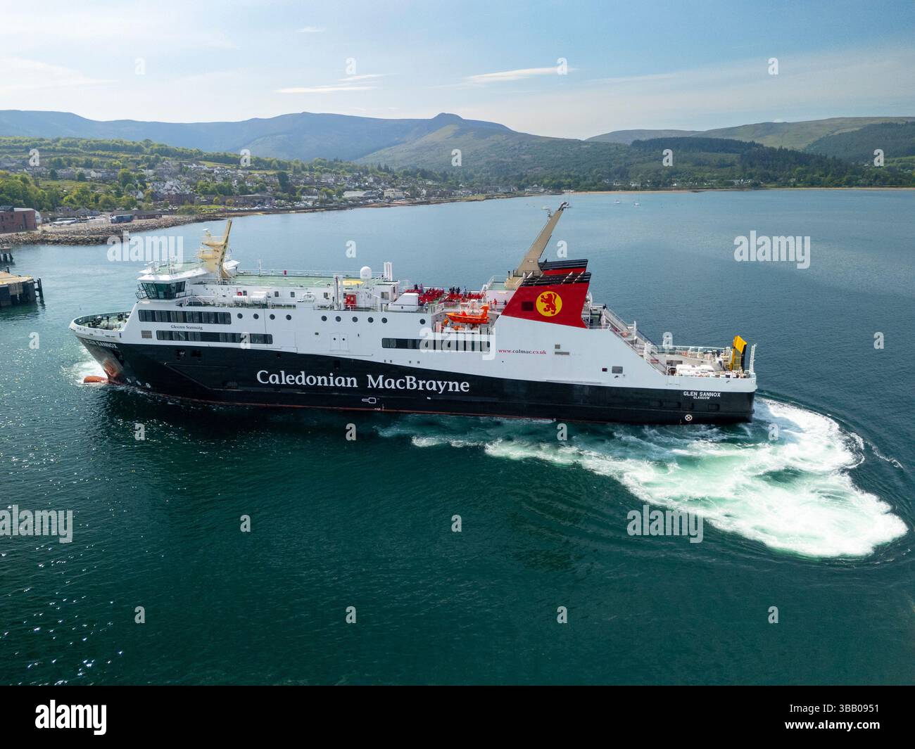 Aerial view of Glen Sannox passenger ferry operated by Caledonian ...