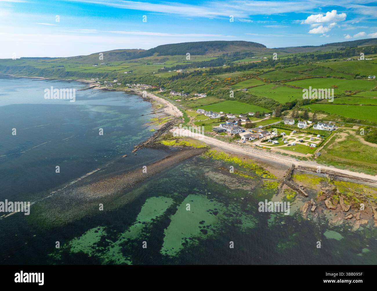 Aerial view from drone of village of Kildonan , Isle of Arran, North Ayrshire, Scotland, UK ...