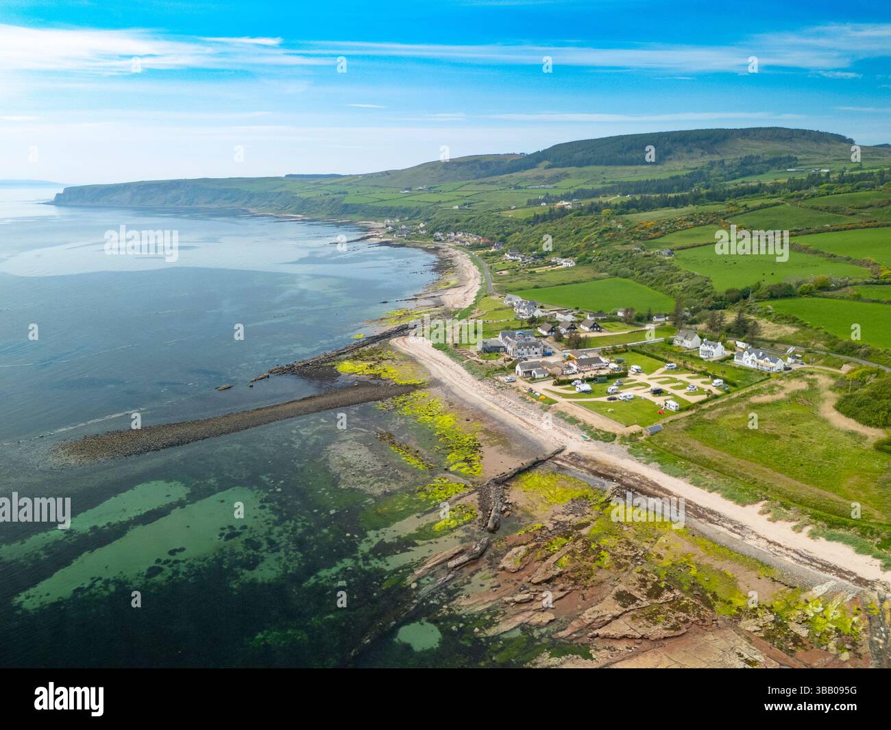 Aerial view from drone of village of Kildonan , Isle of Arran, North Ayrshire, Scotland, UK ...