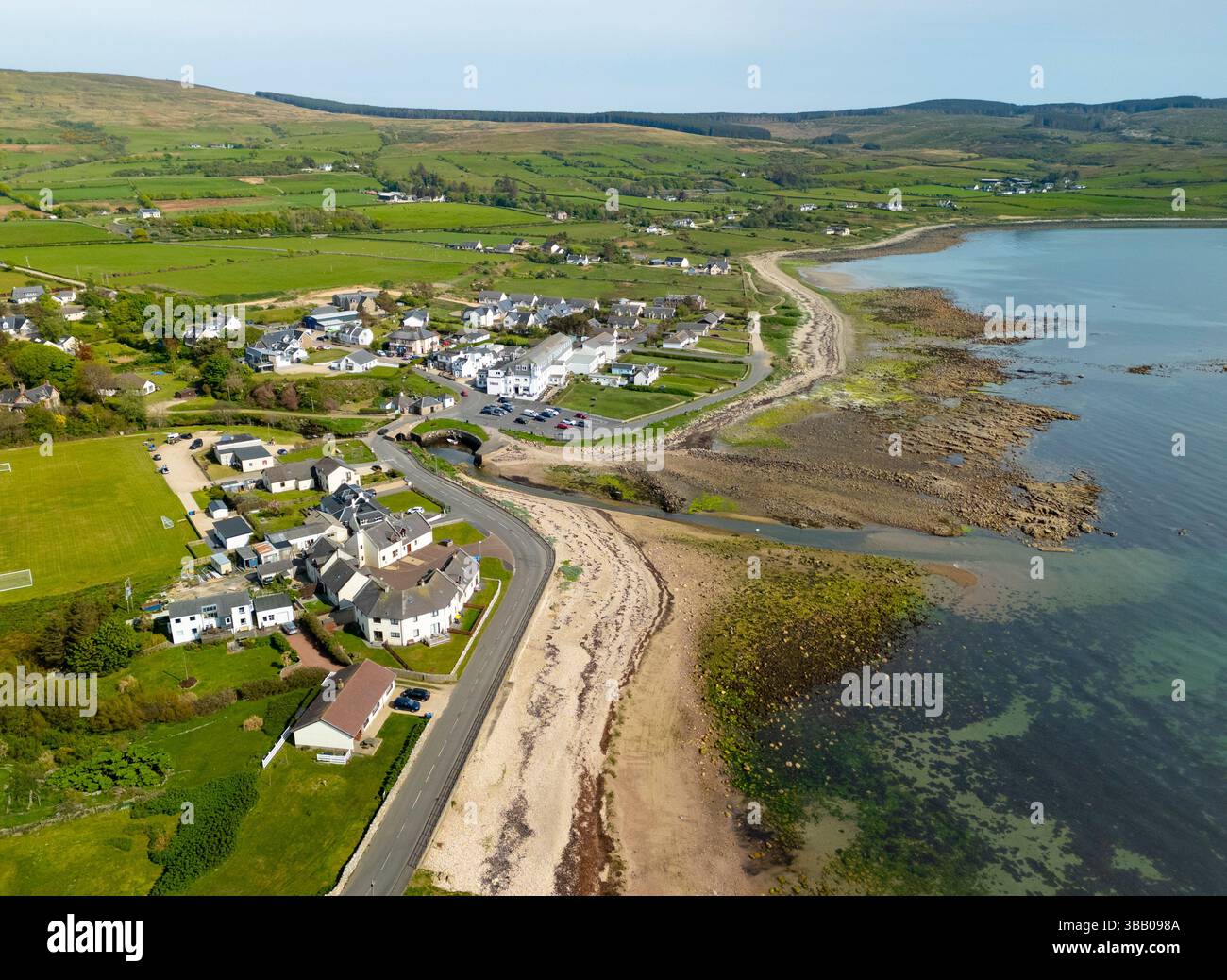 Aerial view from drone of village of Blackwaterfoot , Isle of Arran ...