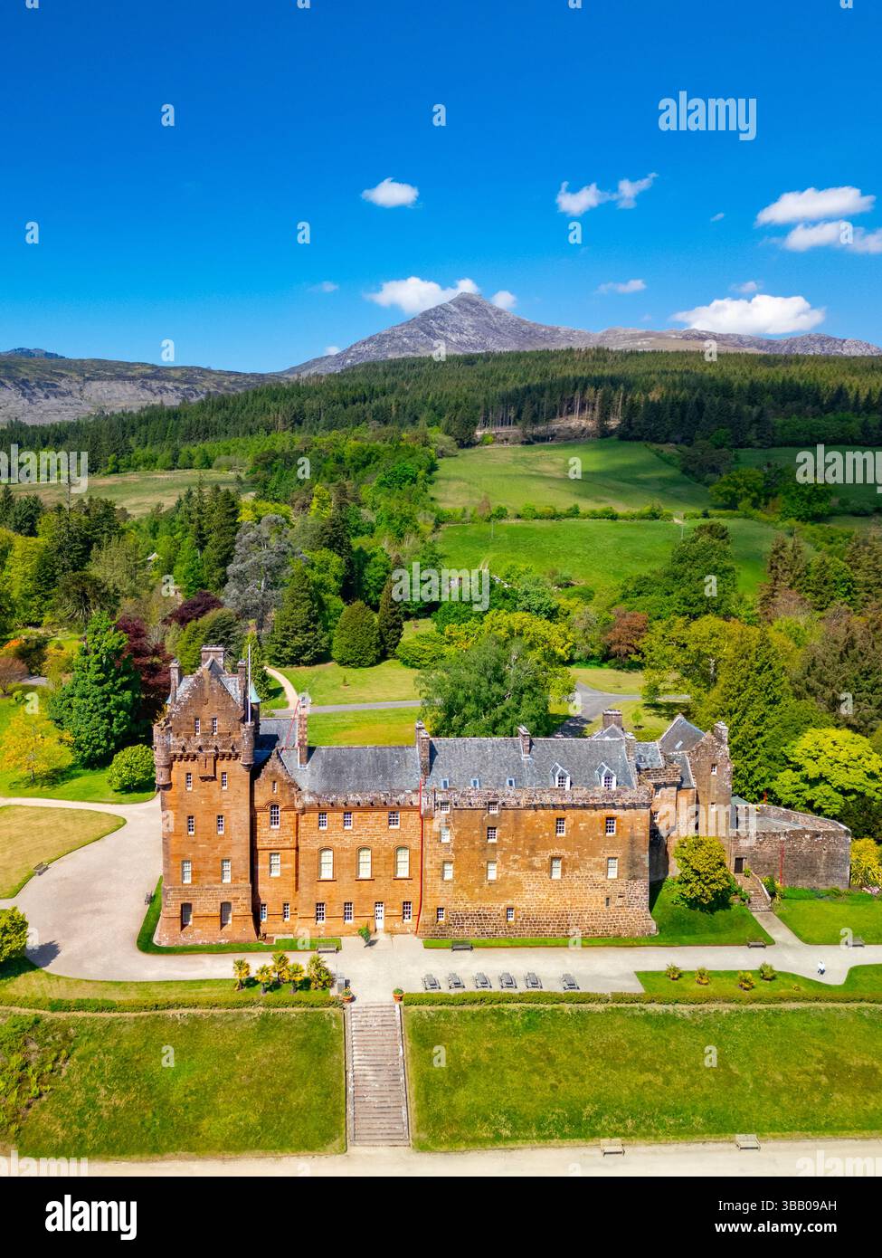 Aerial view of Brodick Castle, Isle of Arran, North Ayrshire, Scotland ...