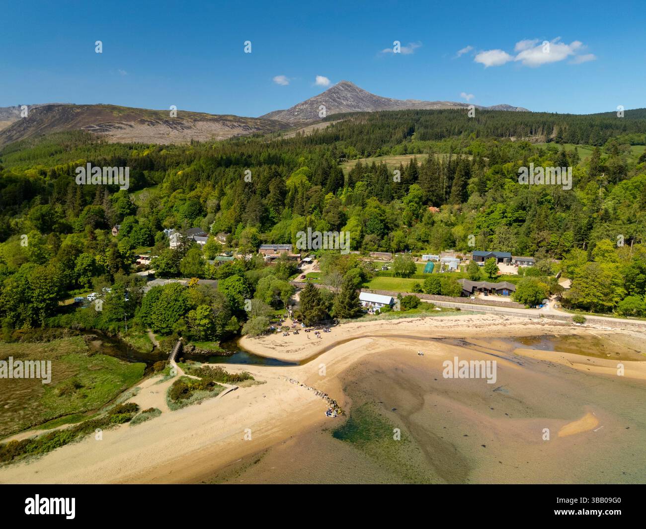 Aerial view from drone of Cladach Beach, Isle of Arran, North Ayrshire ...