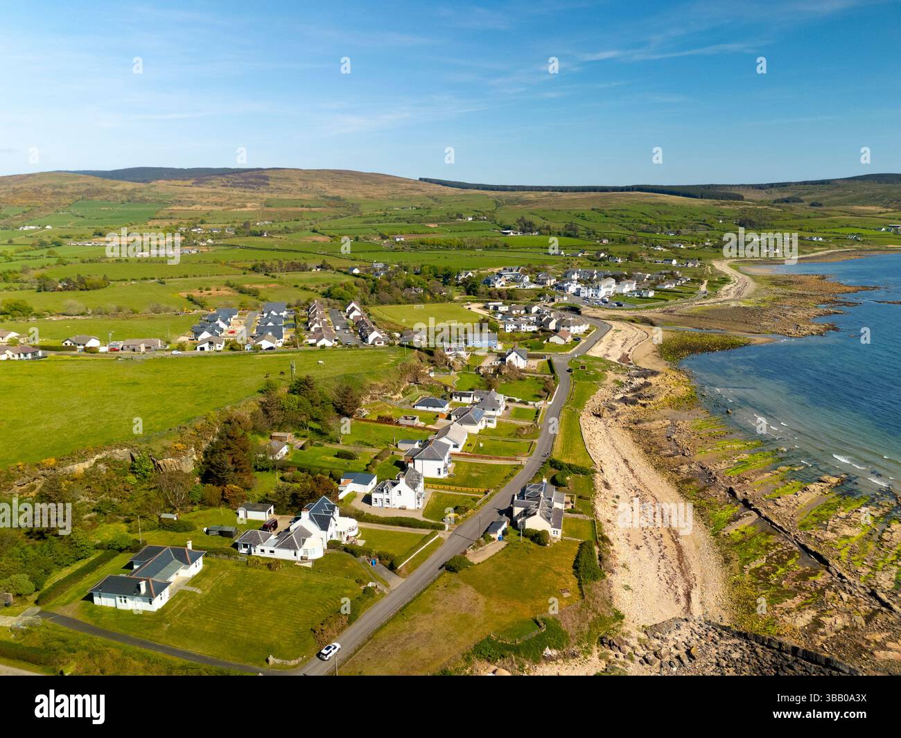 Aerial view from drone of village of Blackwaterfoot , Isle of Arran, North Ayrshire, Scotland ...