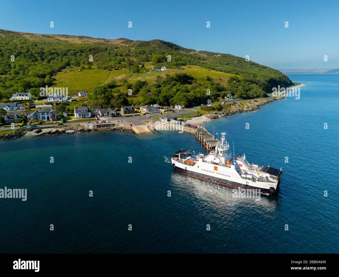 Aerial view of Caledonian Macbrayne ferry Catriona departing Lochranza ...