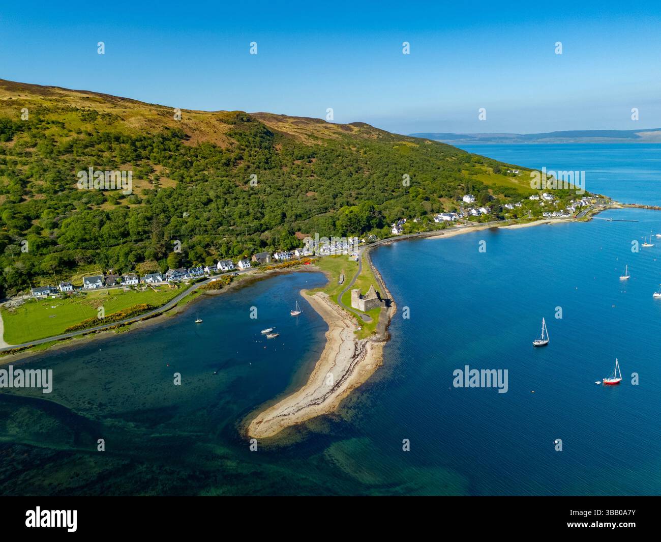 Aerial view of Lochranza and Lochranza Castle, Lochranza, Isle of Arran ...