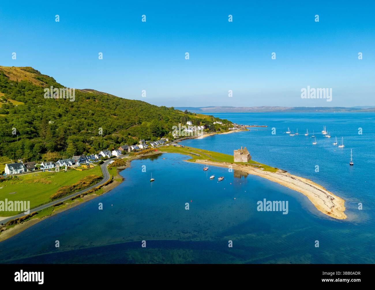 Aerial view of Lochranza and Lochranza Castle, Lochranza, Isle of Arran ...
