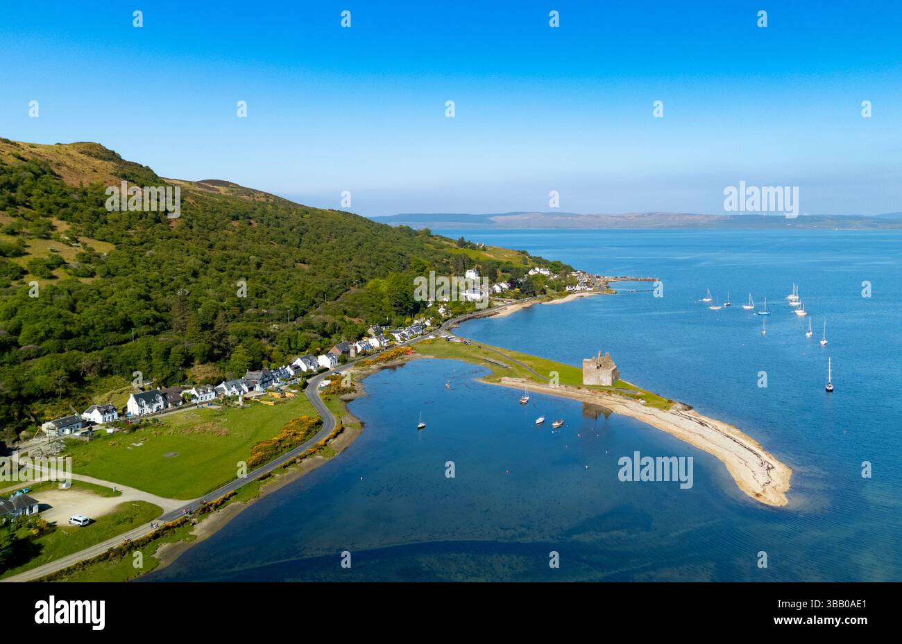 Aerial view of Lochranza and Lochranza Castle, Lochranza, Isle of Arran, North Ayrshire ...